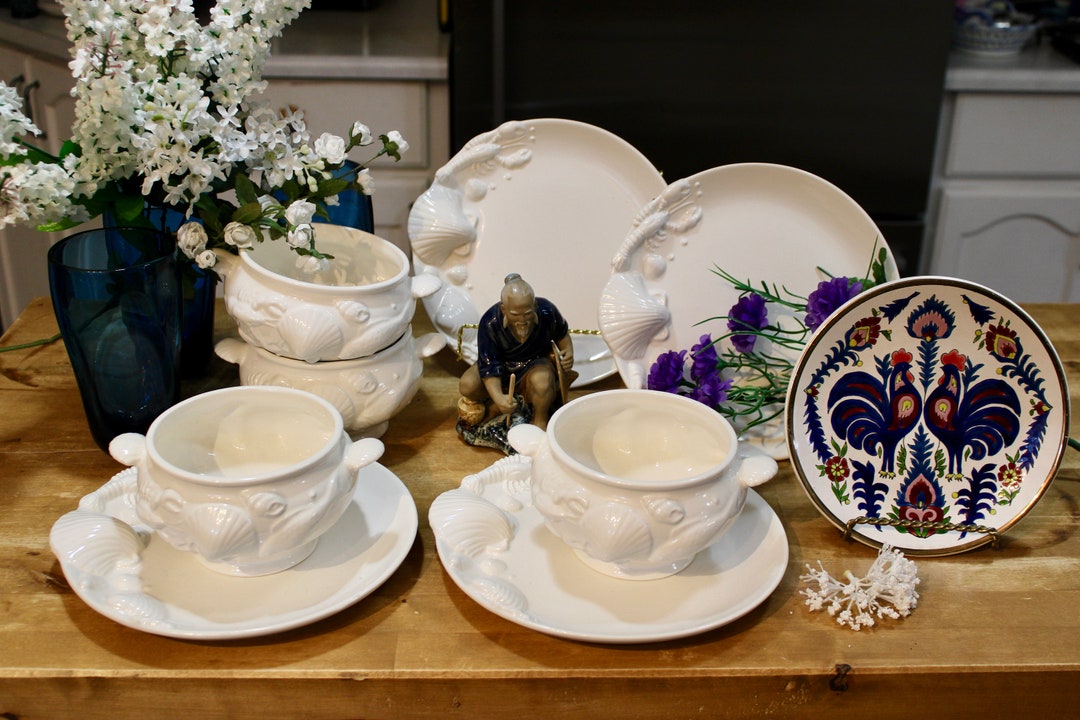 White Molded Shellfish Ceramic Bowls Plates; Rooster Blue Plate Rhodes ...