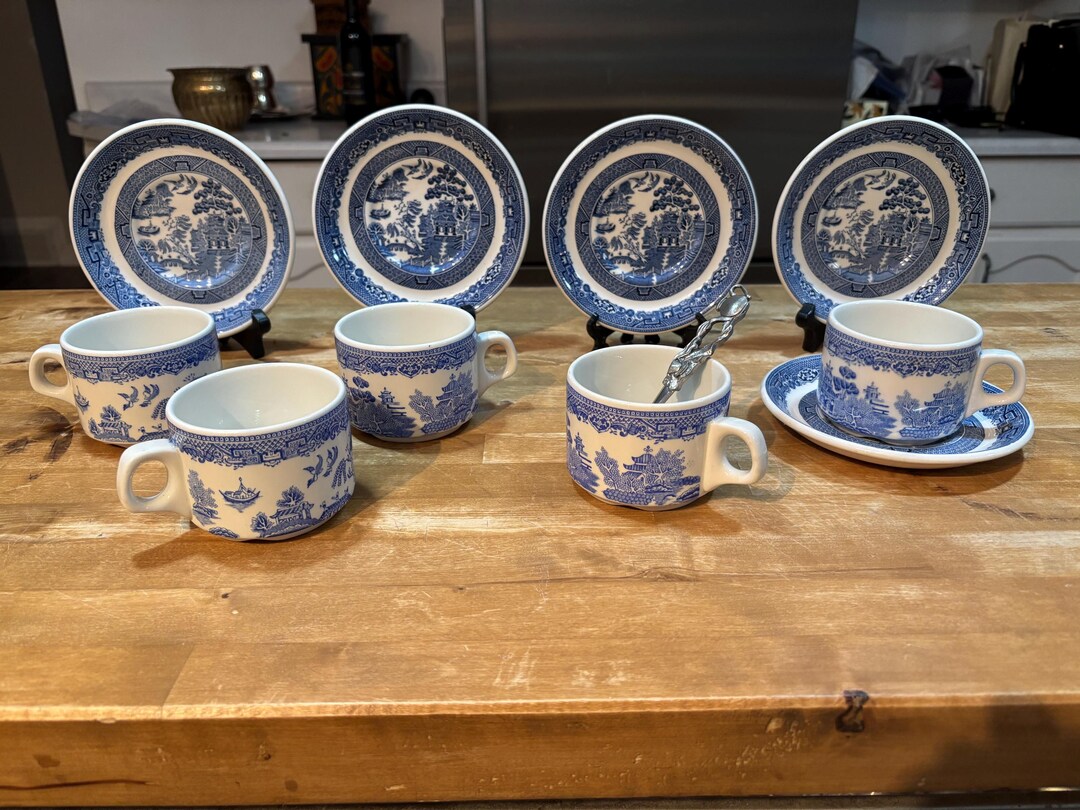 Royal Doulton Blue Willow Pattern - Mugs in Steelite and Saucers in ...