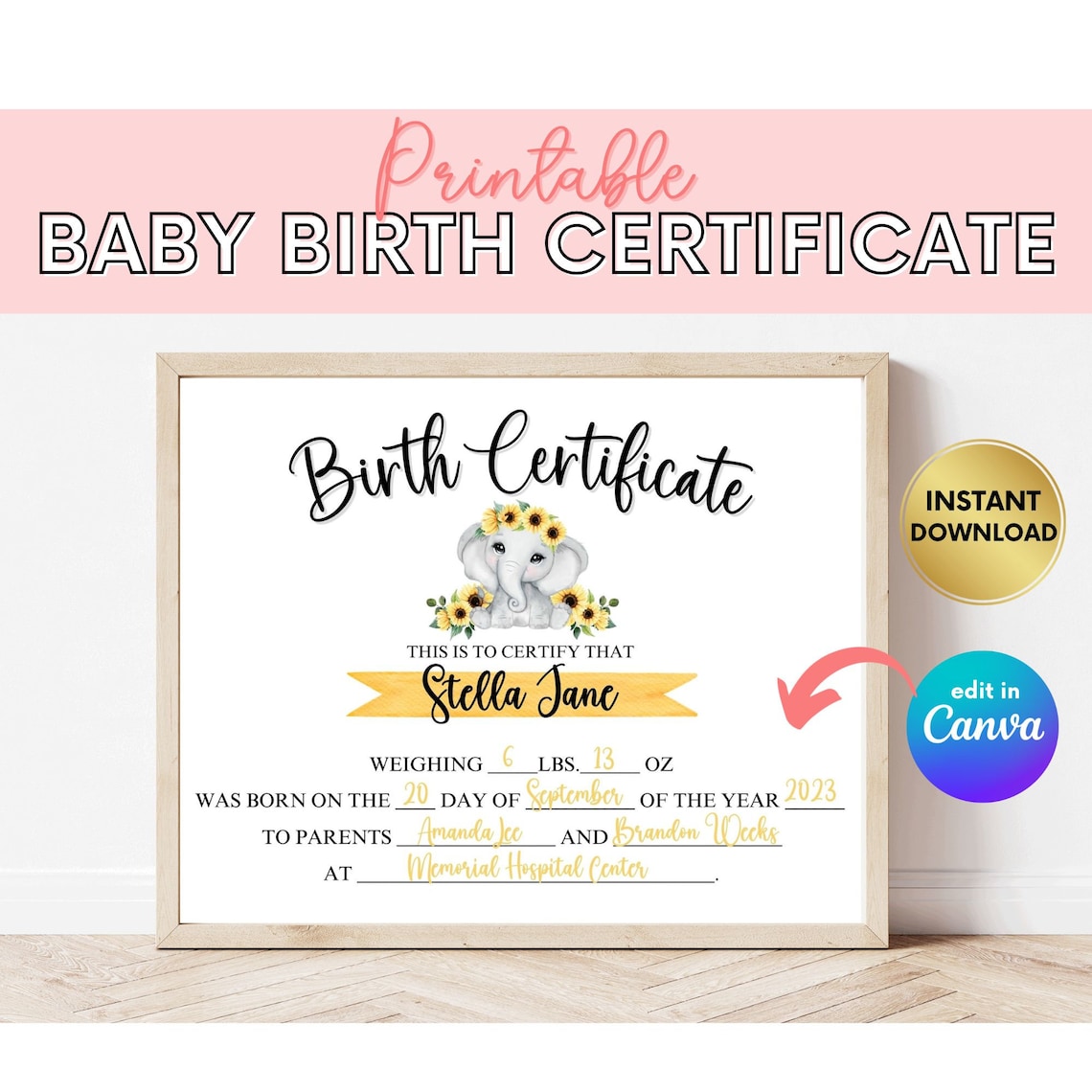 Printable Baby Birth Certificate, Baby Girl Certificate, Newborn ...