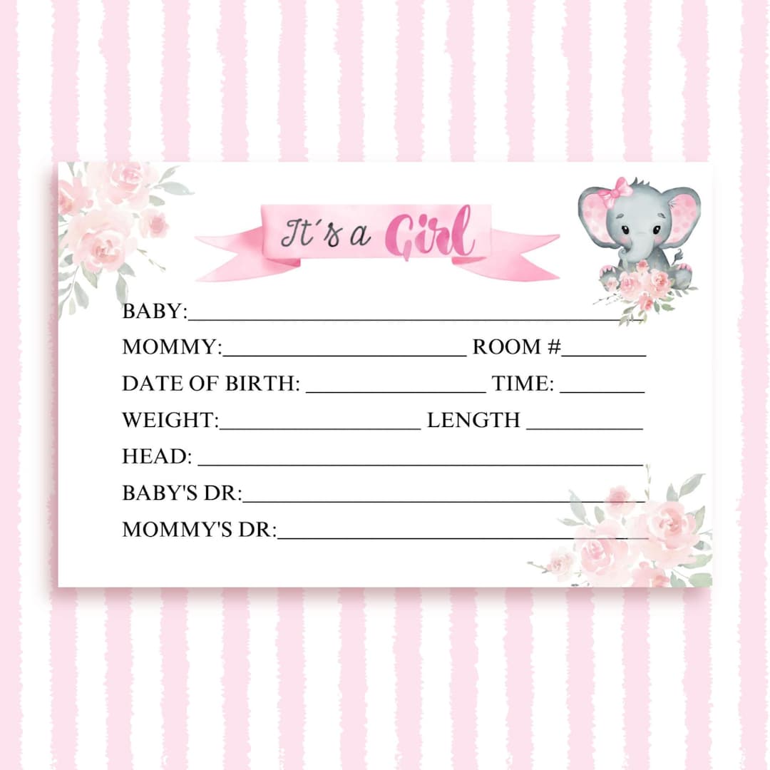 Baby Girl Hospital Crib Card: Floral Elephant Printable (digital ...