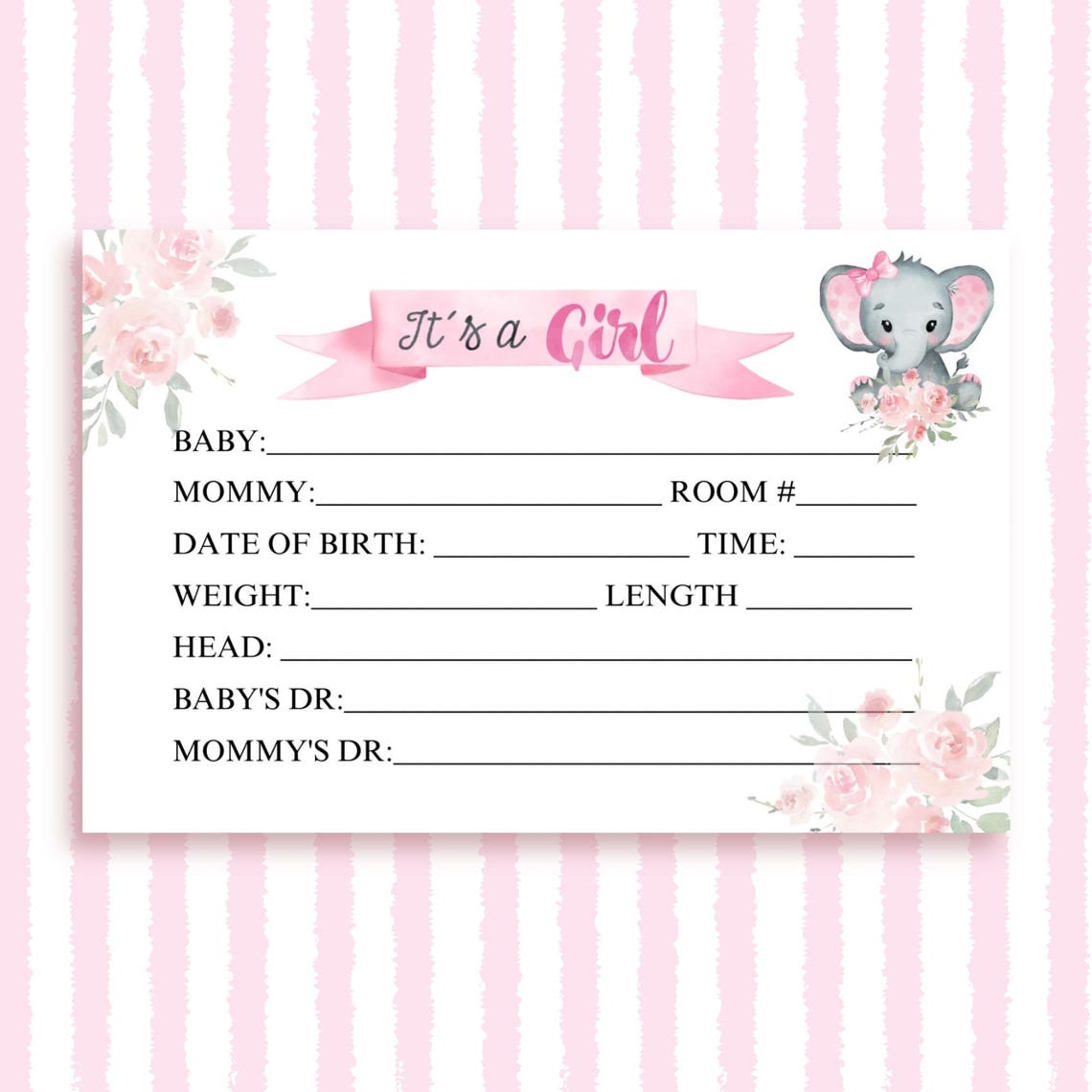 Baby Girl Hospital Crib Card: Floral Elephant Printable (digital ...