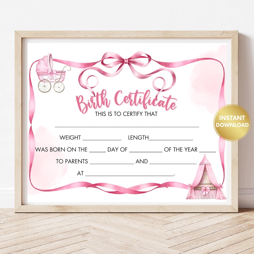 Printable Baby Birth Certificate, Baby Girl Certificate, Newborn ...
