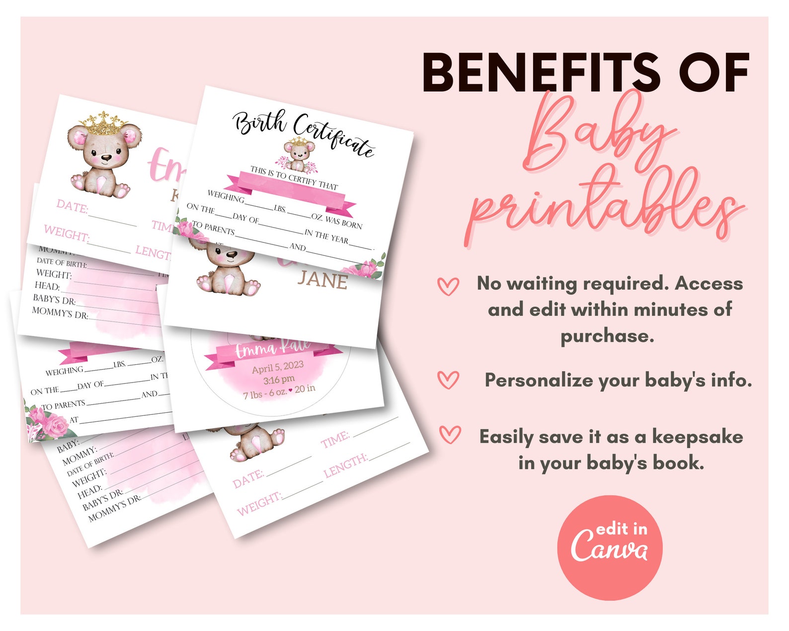 Baby Girl Hospital Crib Card: Floral Elephant Printable (digital ...