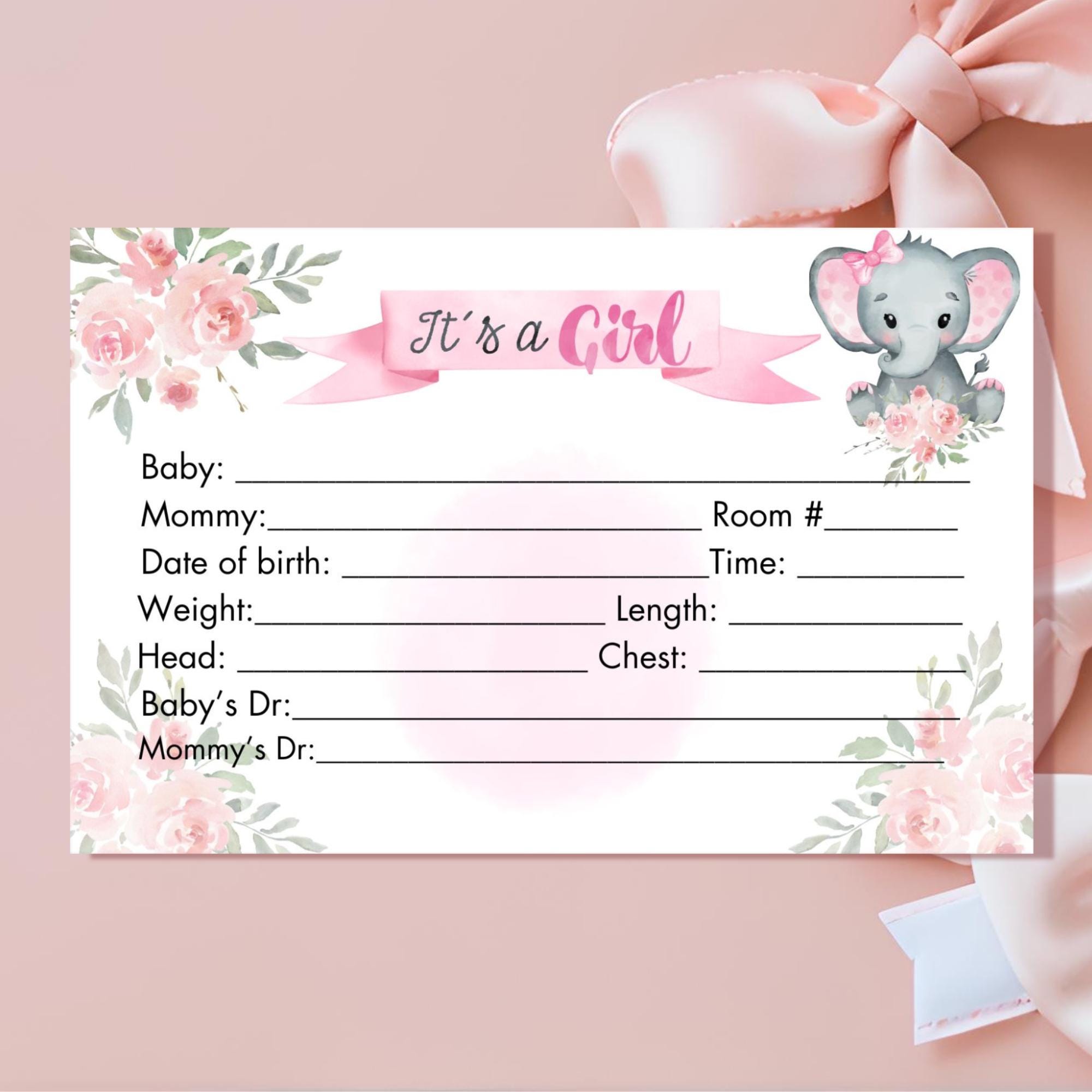 Baby Girl Hospital Crib Card: Floral Elephant Printable (digital ...