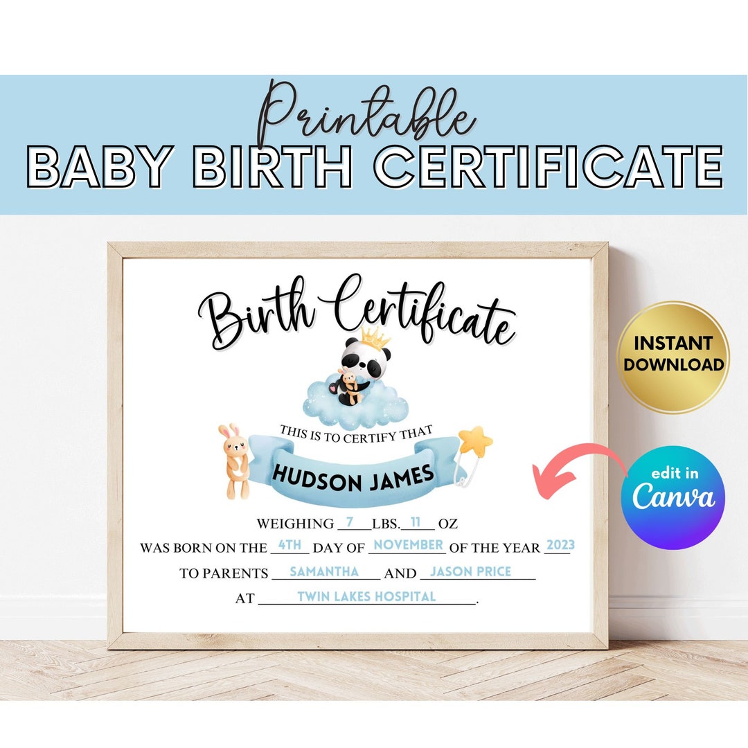 Printable Baby Birth Certificate, Baby Boy Certificate, Newborn ...