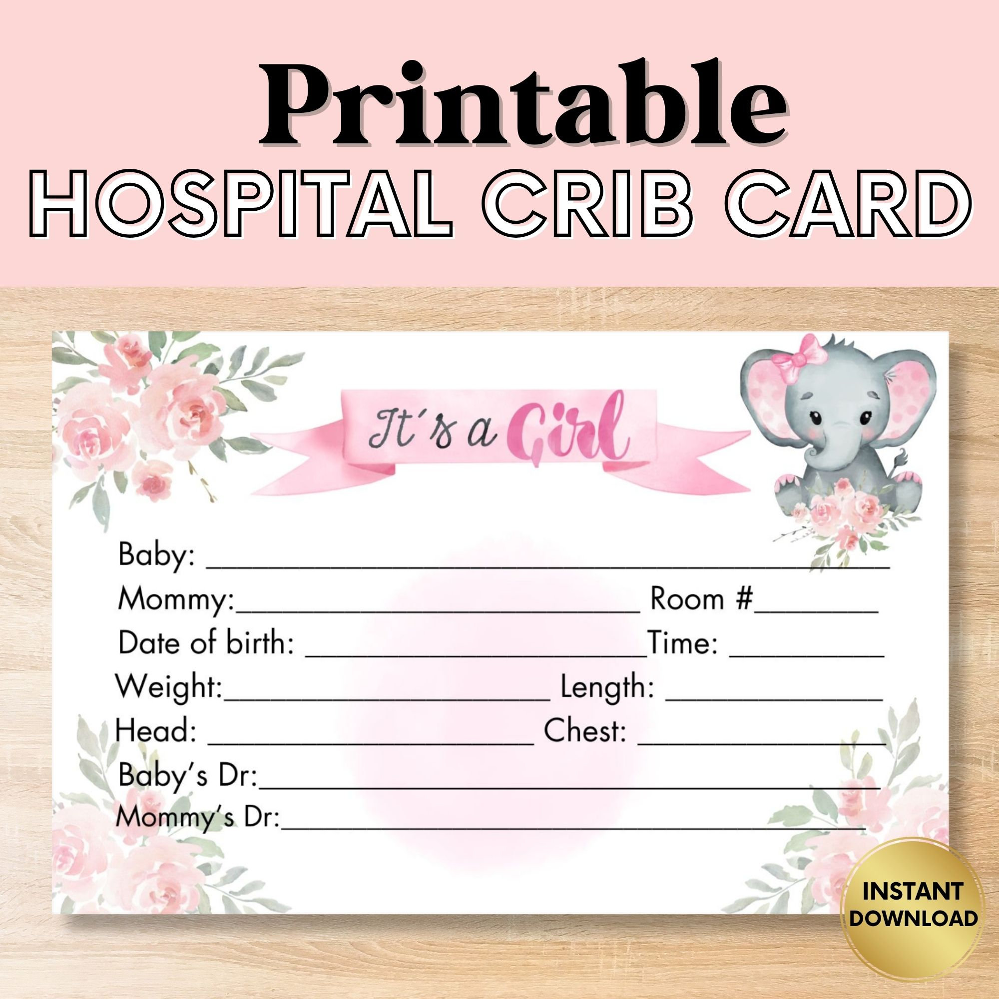 Baby Girl Hospital Crib Card: Floral Elephant Printable (digital ...