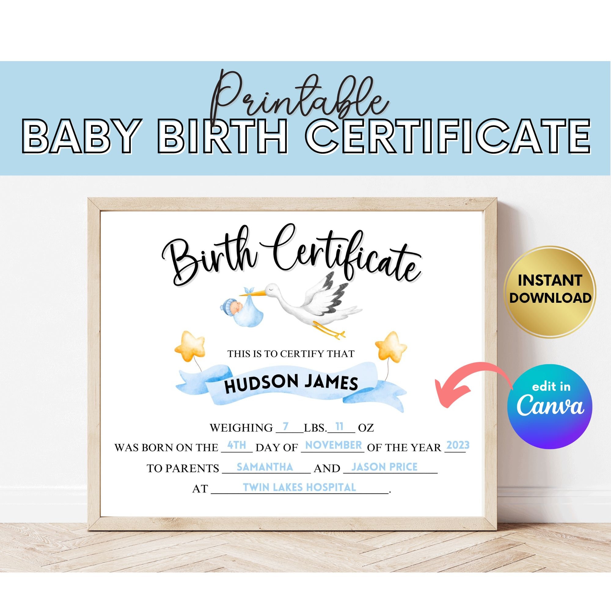 Printable Baby Birth Certificate, Baby Boy Certificate, Newborn ...