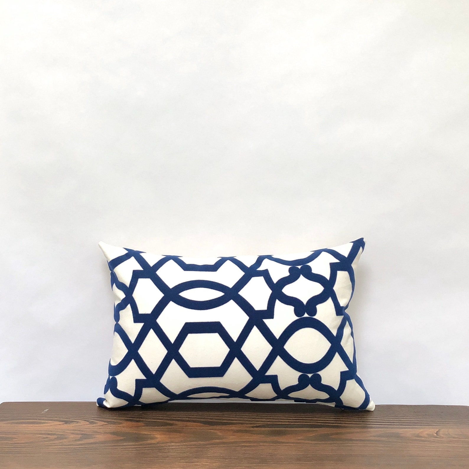 Blue and White Geometric Lumbar Pillow Cover, Velvet French Blue Lumbar ...