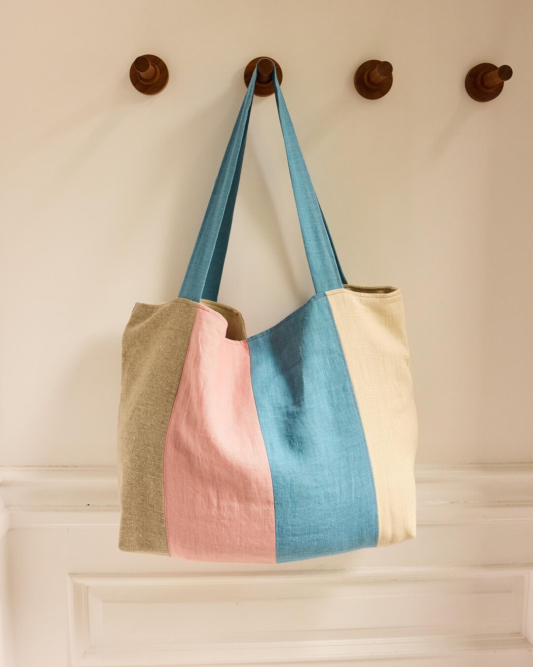 Linen Stripe Beach Bag Resort Tote Bag Blue Linen Shoulder Bag Wide ...