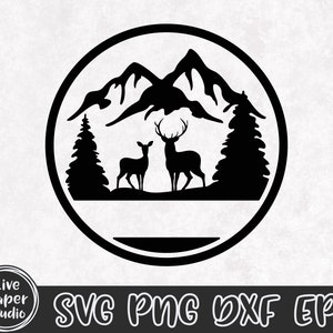 Deer Door Hanger SVG, Reindeer Mountain Scene Svg, Deer Round Sign ...