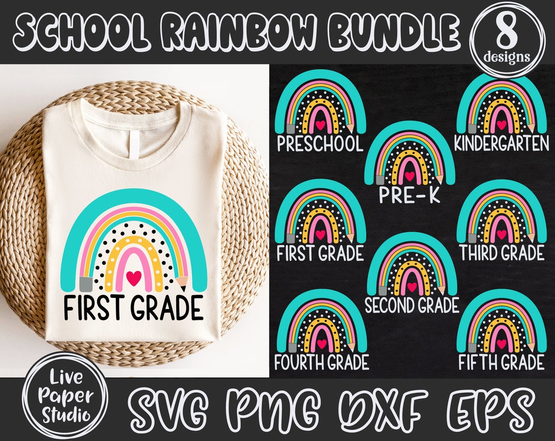 Back to School Rainbow Bundle, Hello School Svg, Kindergarten, 1st 2nd ...
