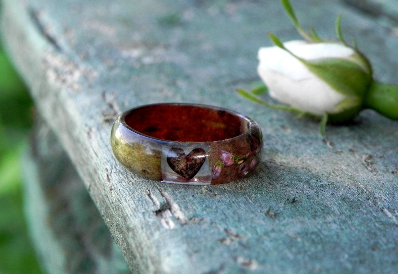 Wood Wedding Ring Heart Wooden Ring Heather Ring Wood Resin | Etsy