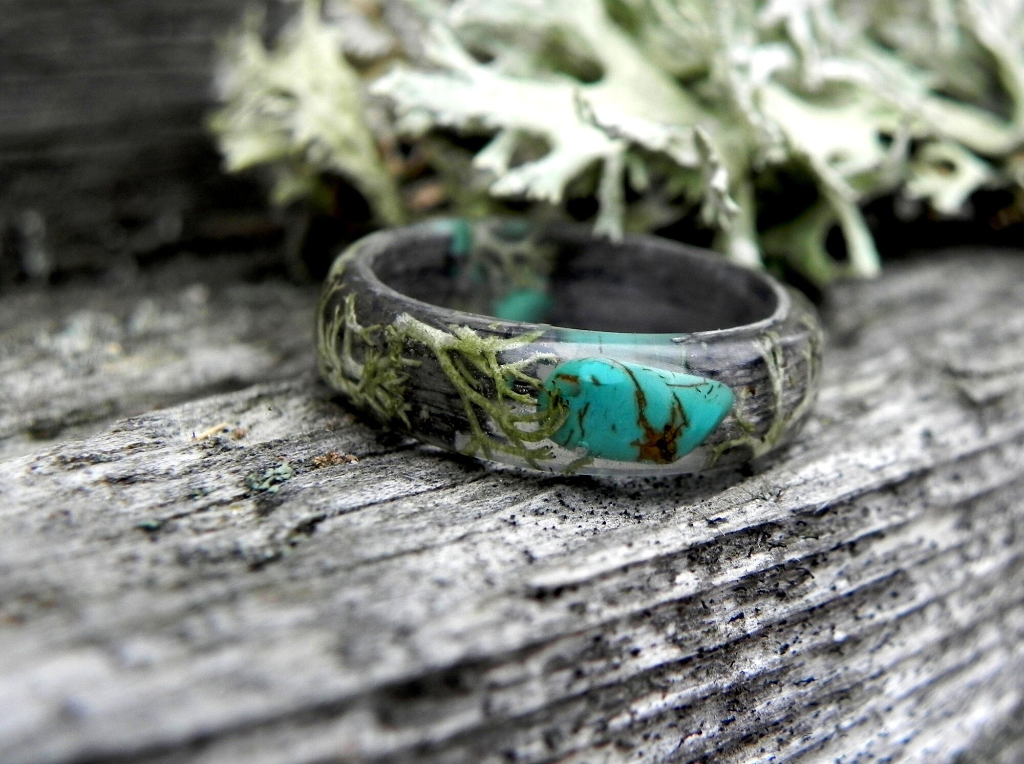 Turquoise Wood Ring Moss Stone Resin Ring Forest Wedding - Etsy