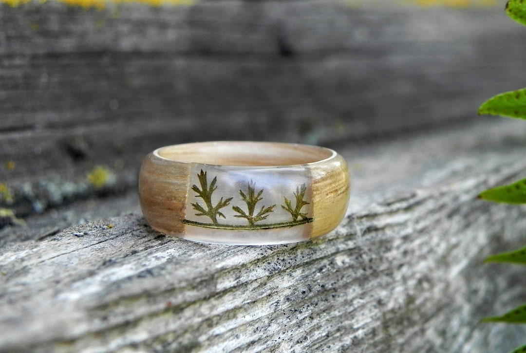 Plant Wood Ring, Plant Resin Ring, Yarrow Wooden Ring, Mens Oak Ring ...