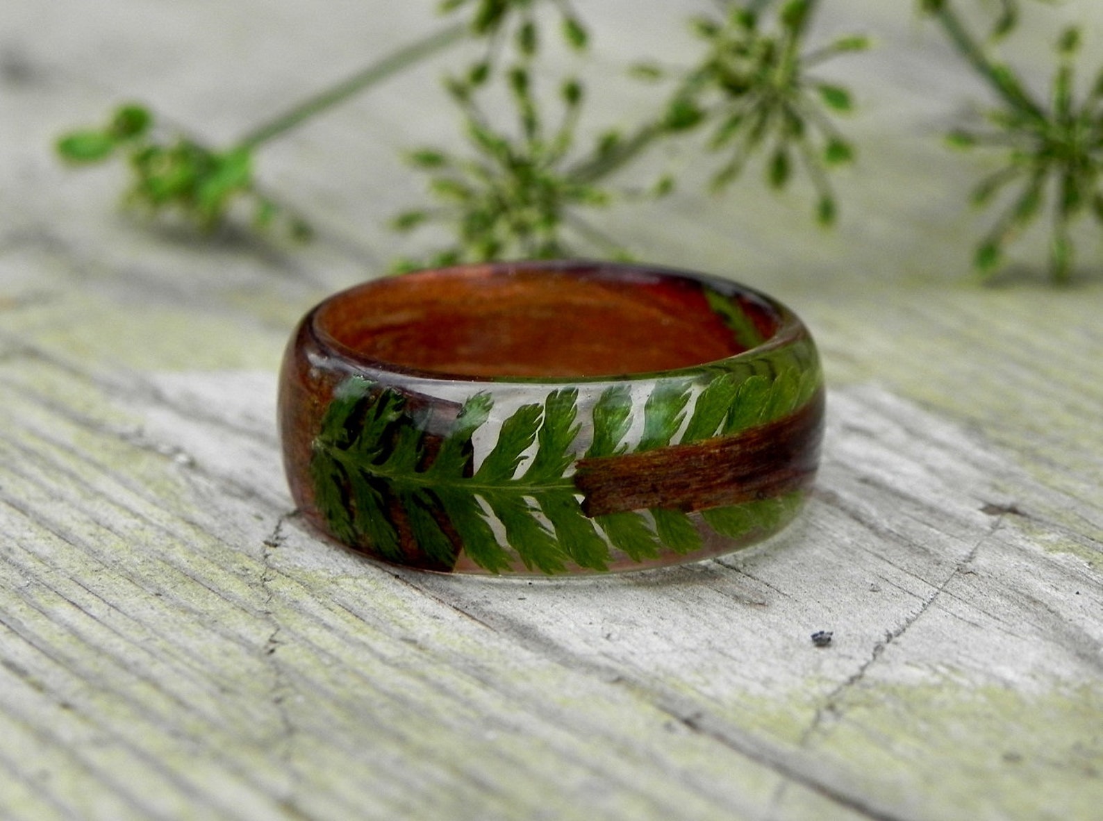 Real Fern Wood Ring, Wooden Nature Ring, Mens Fern Resin Ring ...