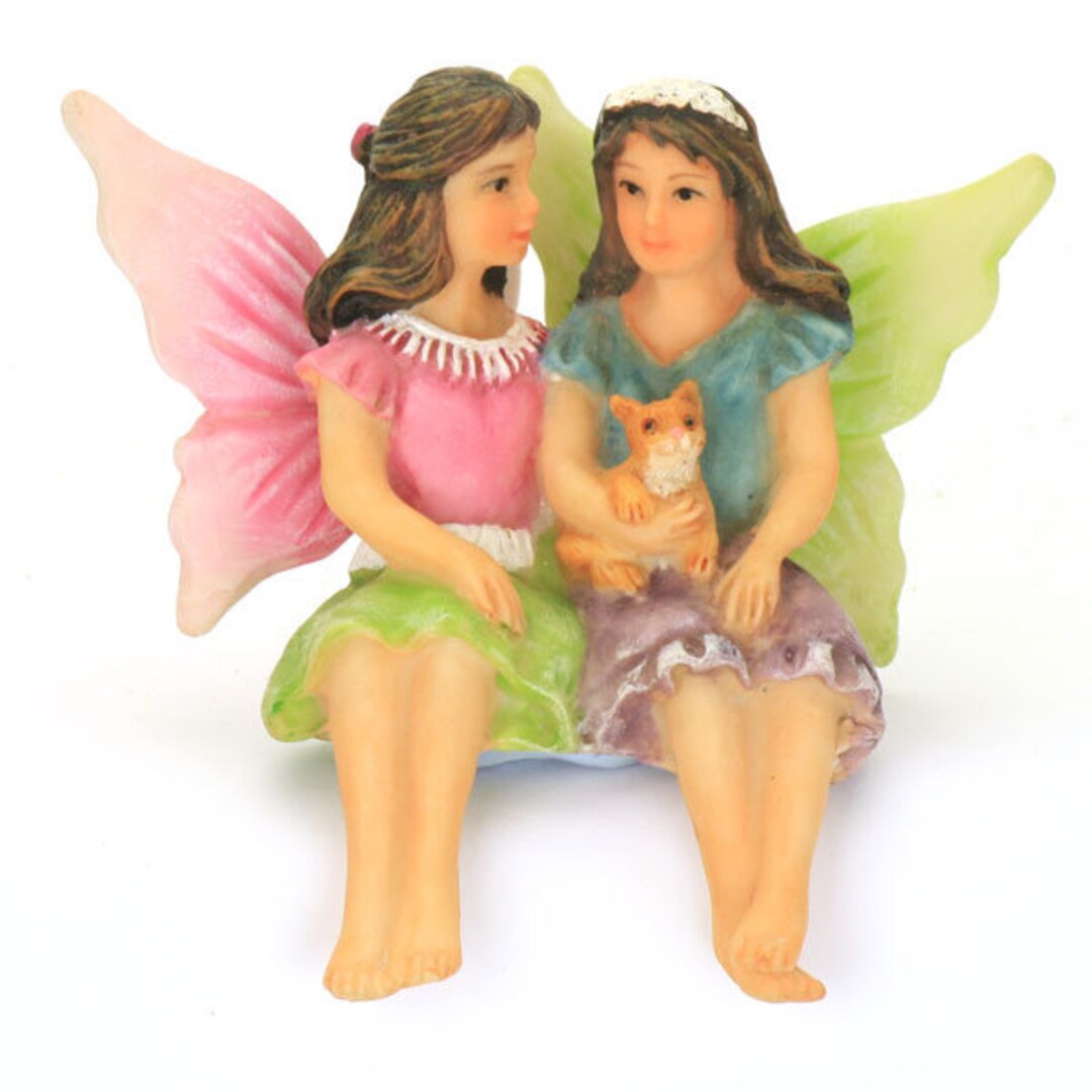 Sitting Fairy Sisters and Pet Kitten, Fairies and Kitten, Cat, Fairy ...