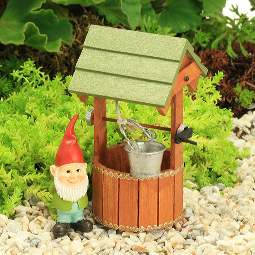Wooden Wishing Well & Gnome, Fairy Garden Furniture, Fairy Garden ...