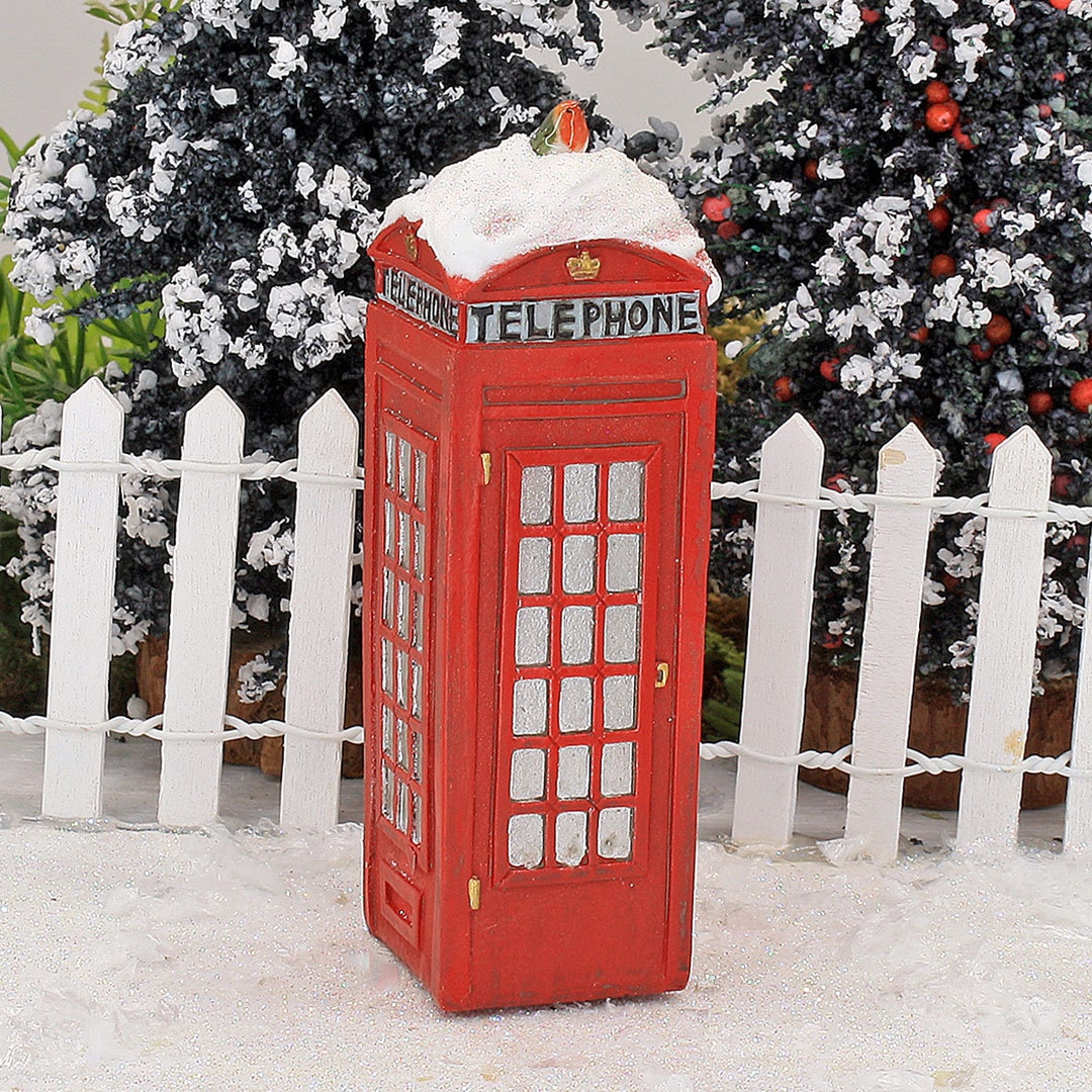 Traditional Red Telephone Box With Snow and Tiny Robin, Miniature ...