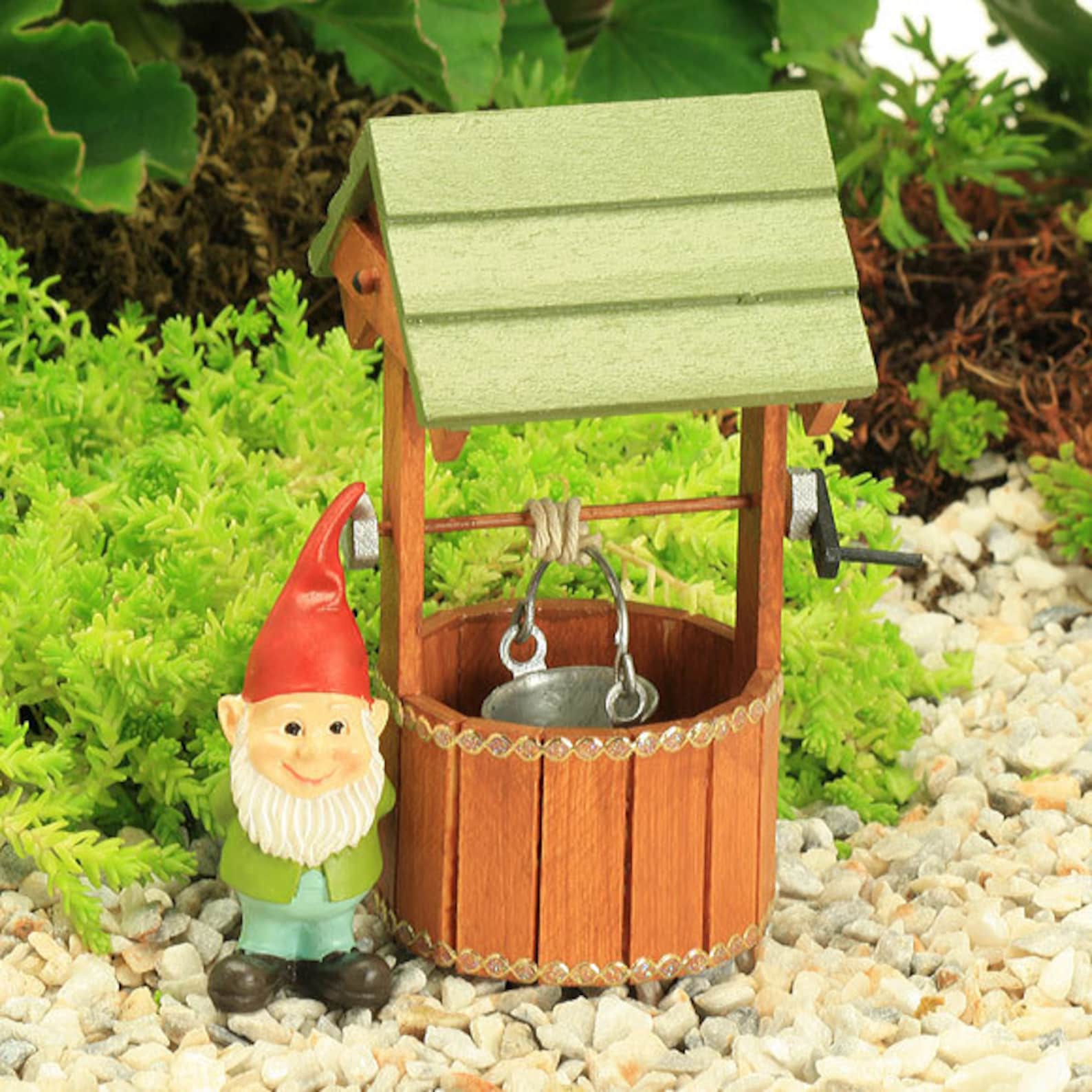 Wooden Wishing Well & Gnome, Fairy Garden Furniture, Fairy Garden ...