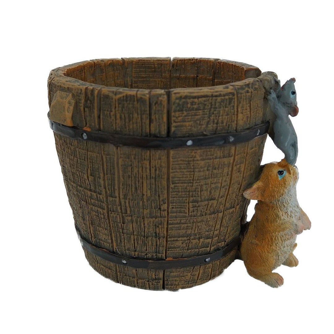 Little Barrel Planter With Cat and Mouse, Tiny Barrel Style Planter ...