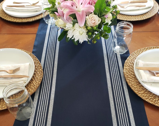 Navy Blue Table Runner, Navy Blue Striped Runner, Coastal Table Runner ...