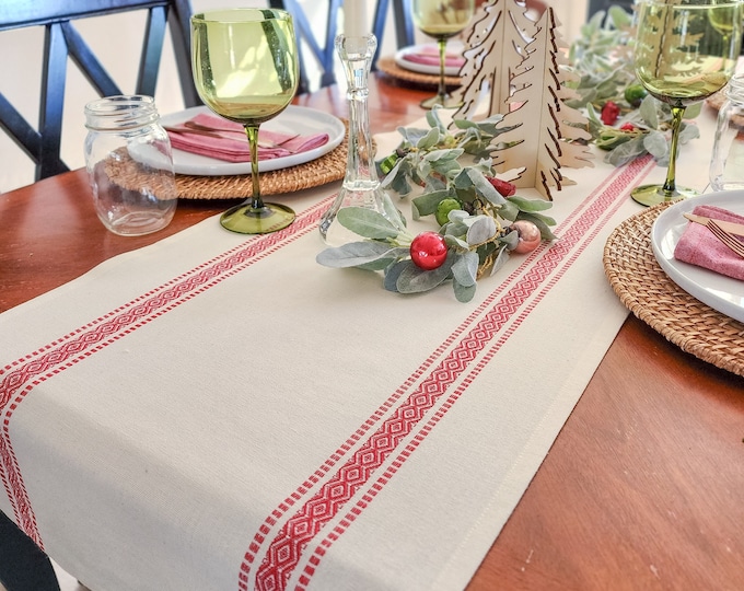 Ivory Christmas Table Runner, Scandinavian Inspired Red Striped Table ...