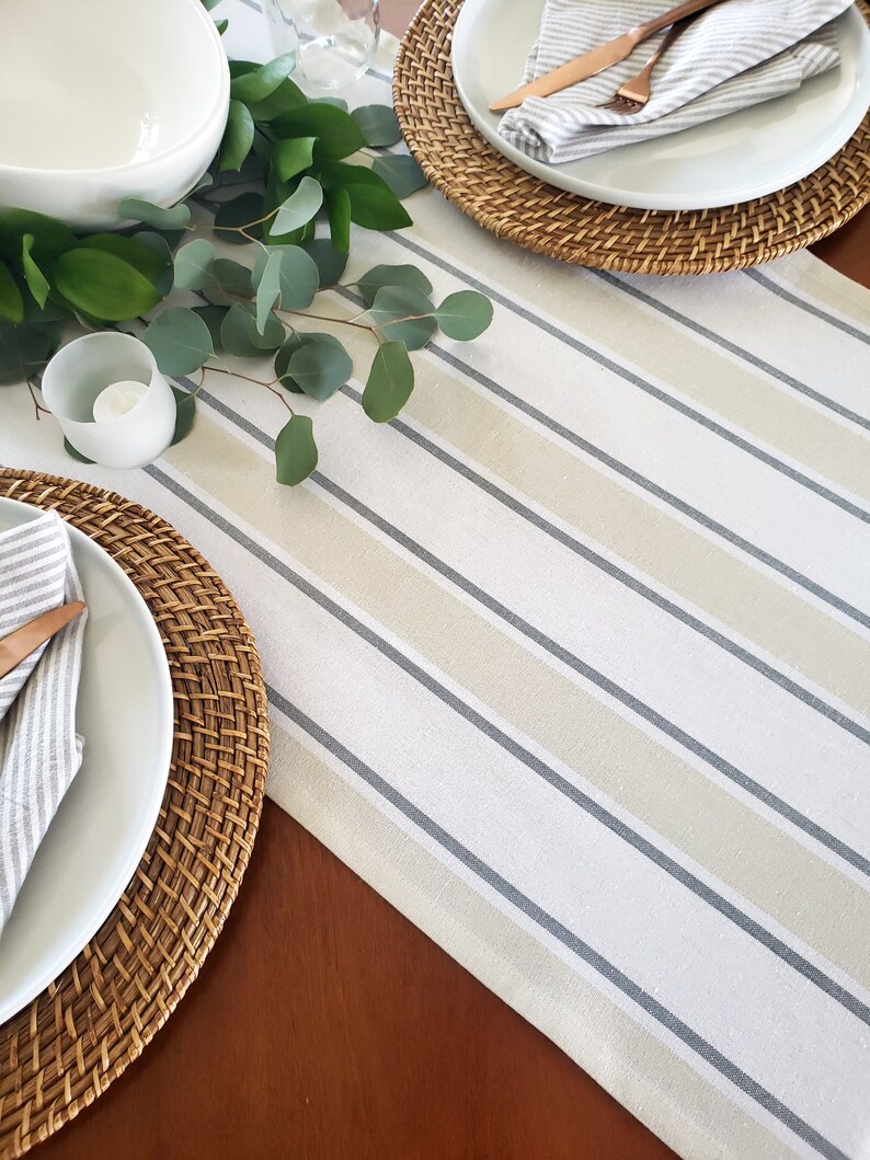 Gray & White Striped Table Runner Farmhouse Table Runner | Etsy