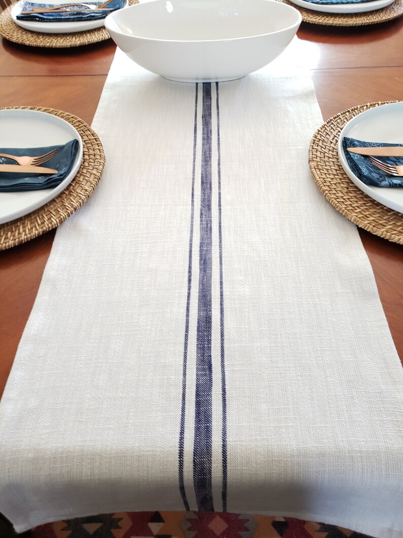 Farmhouse Table Runner Cream and Blue Striped Runner - Etsy