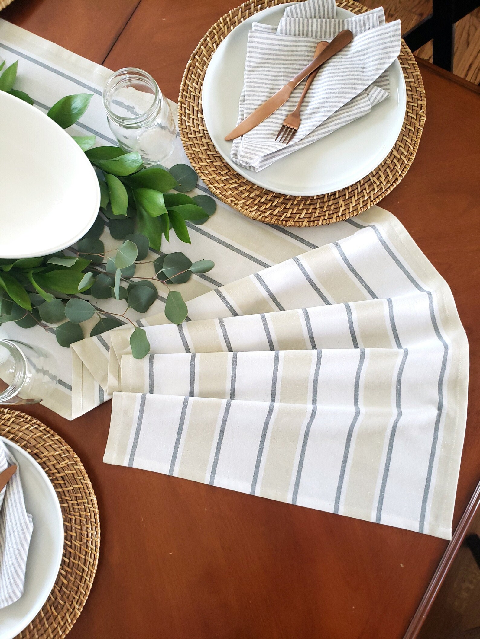 Gray & White Striped Table Runner Farmhouse Table Runner | Etsy