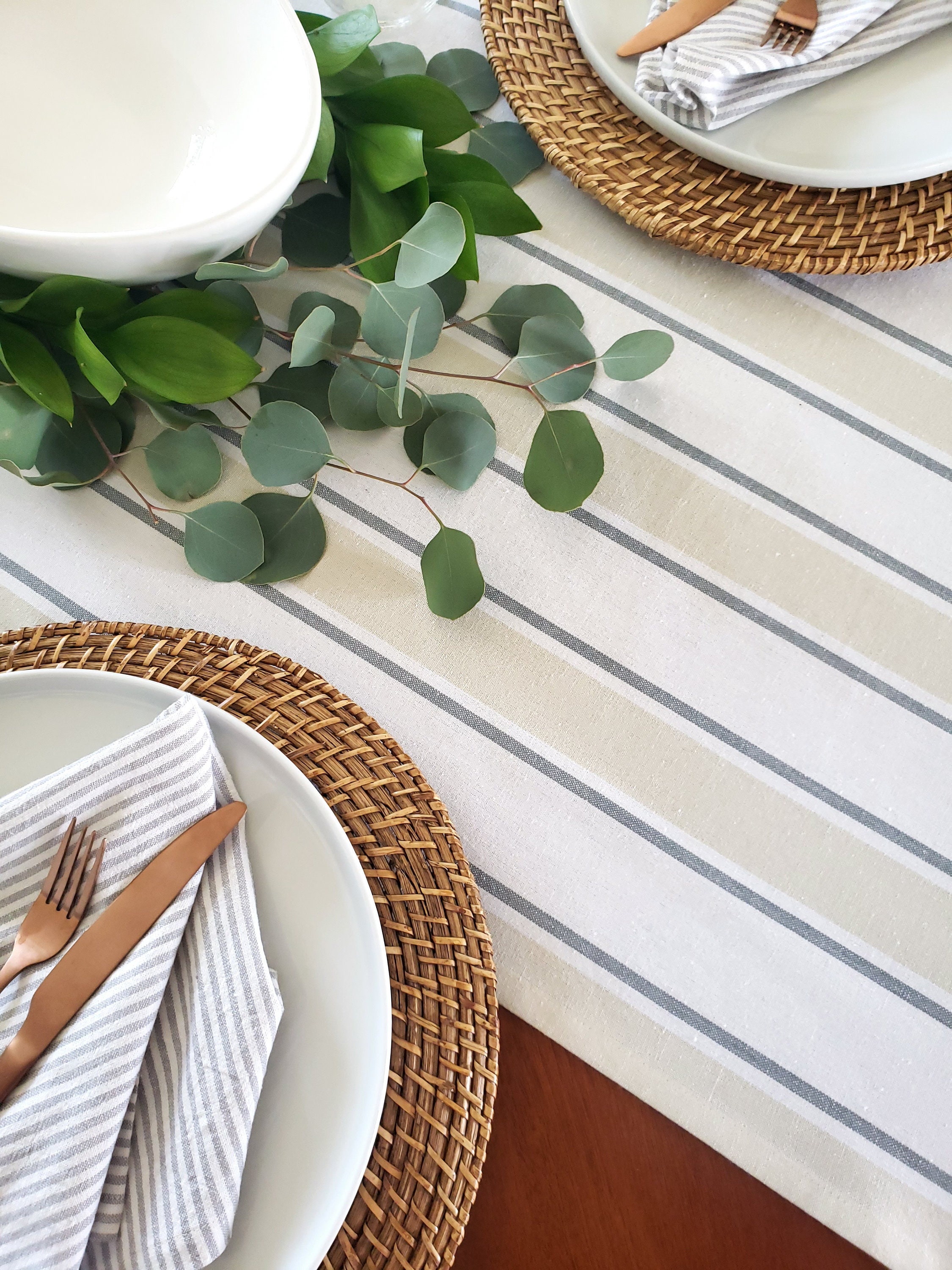 Gray & White Striped Table Runner Farmhouse Table Runner | Etsy