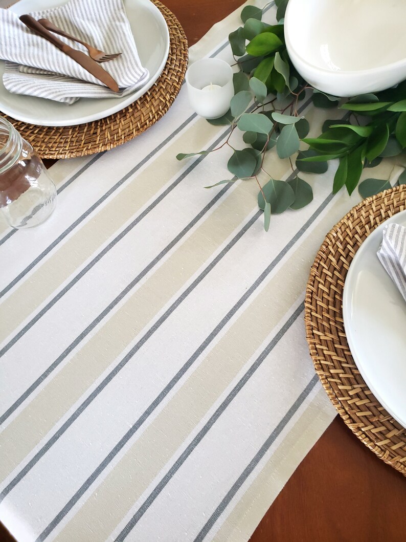 Gray & White Striped Table Runner Farmhouse Table Runner | Etsy