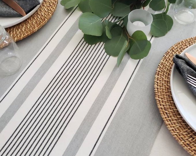 Gray Farmhouse Table Runner, Gray Striped Table Runner. Extra Wide ...