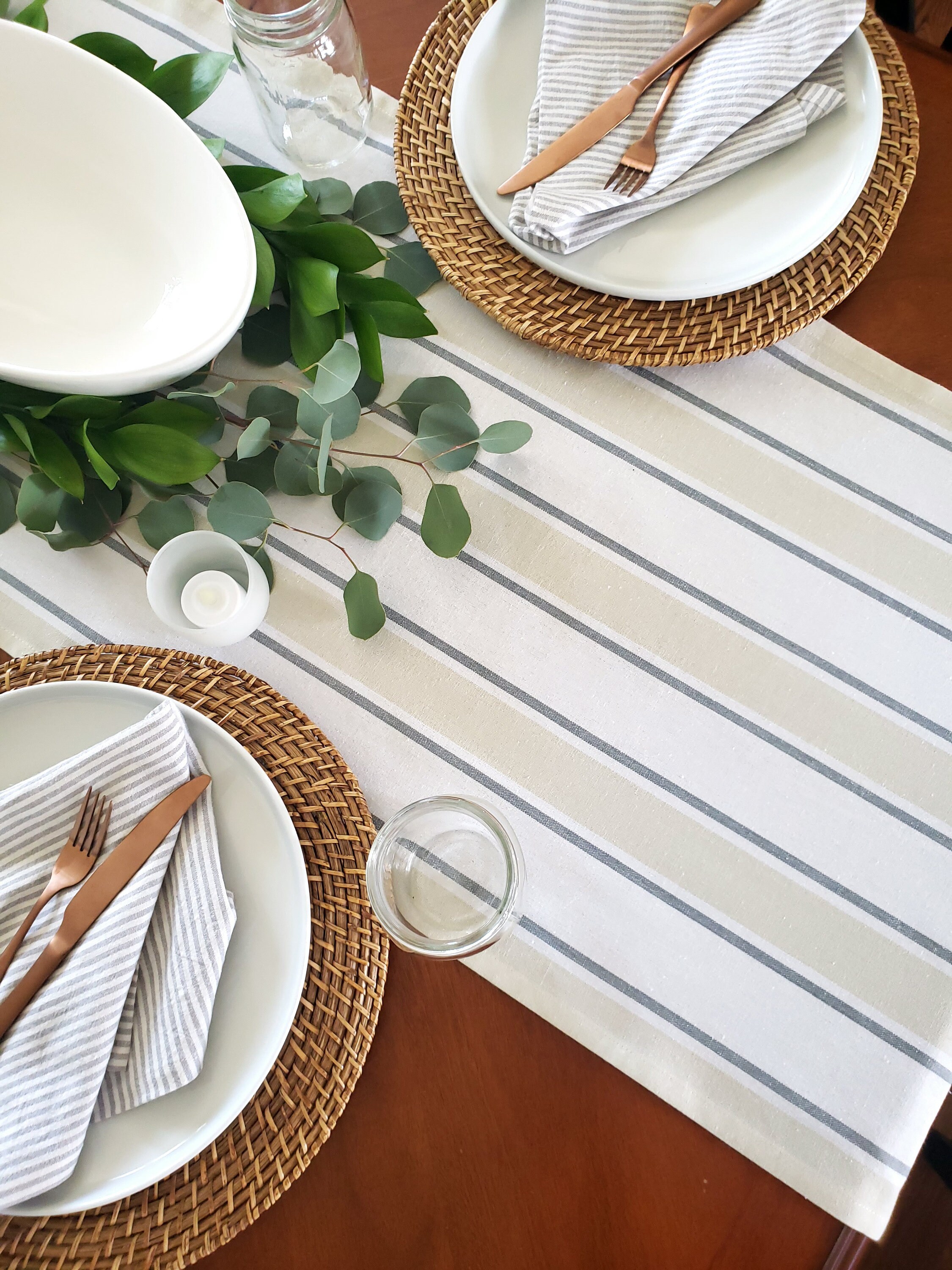Gray & White Striped Table Runner Farmhouse Table Runner | Etsy