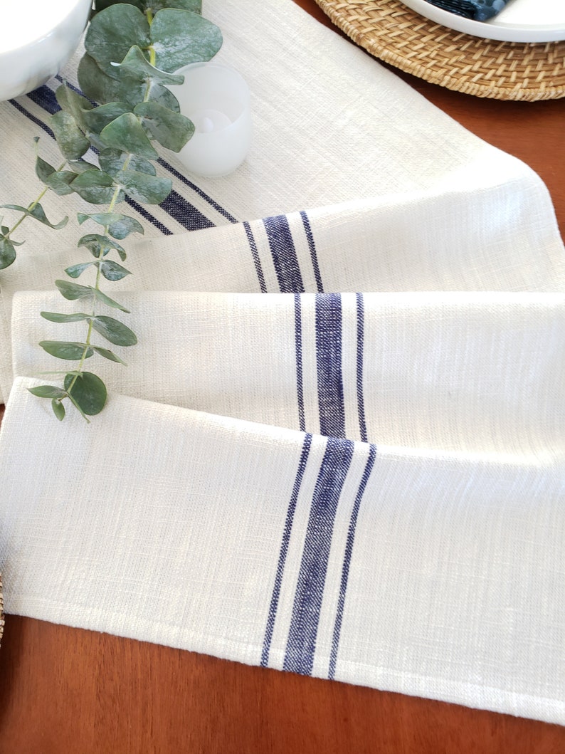 Farmhouse Table Runner Cream and Blue Striped Runner - Etsy