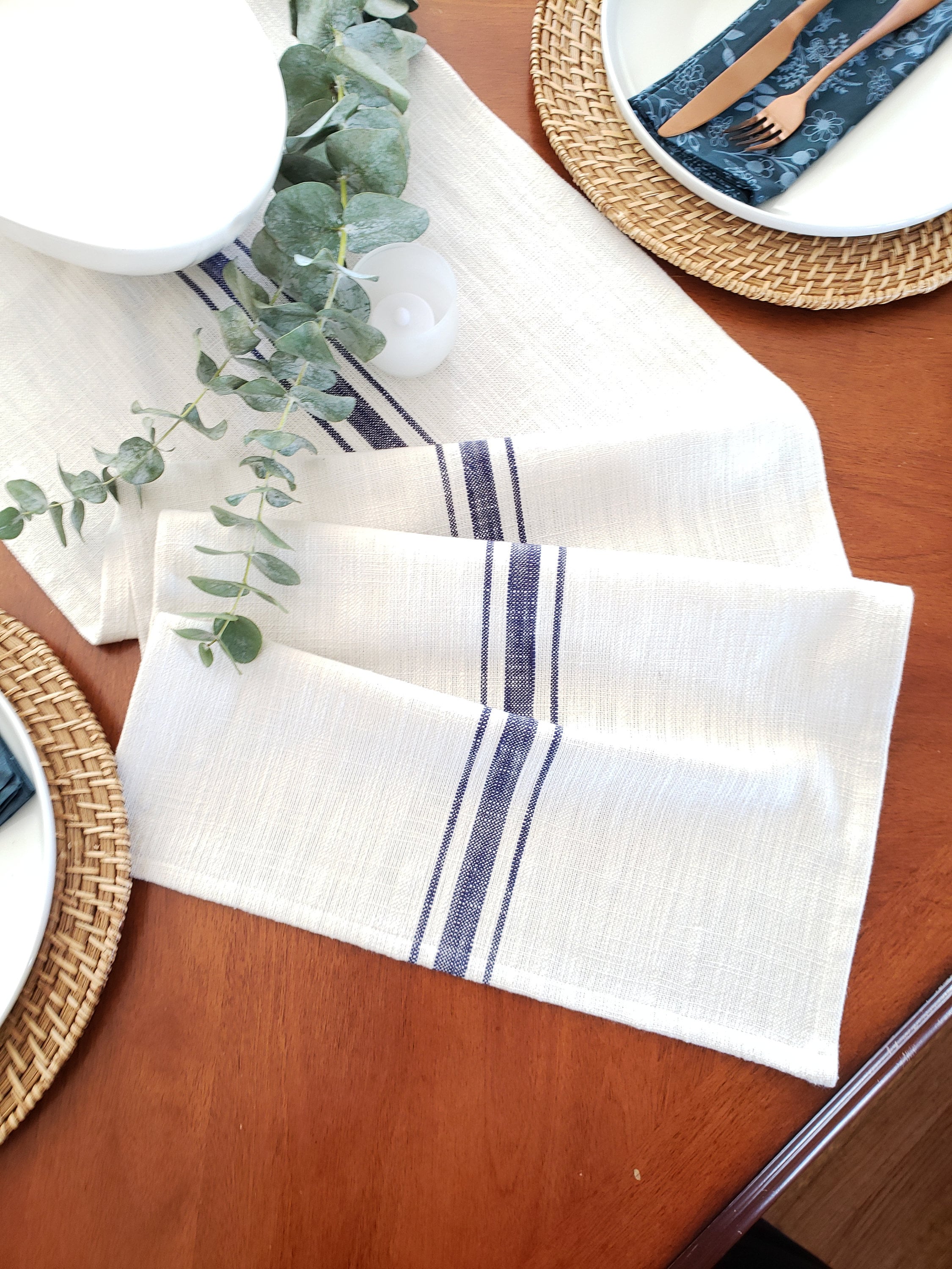 Farmhouse Table Runner Cream and Blue Striped Runner - Etsy