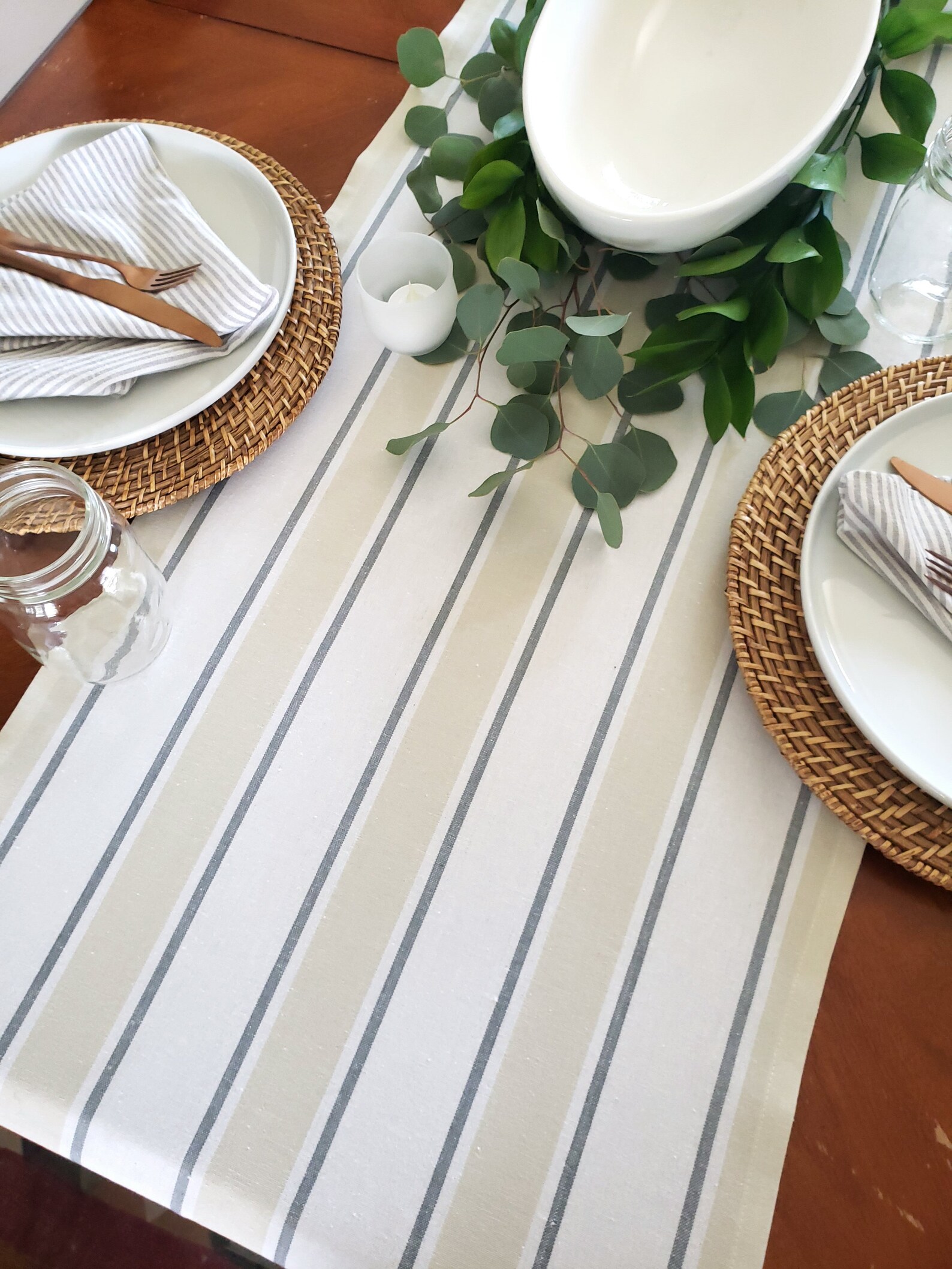 Gray & White Striped Table Runner Farmhouse Table Runner | Etsy