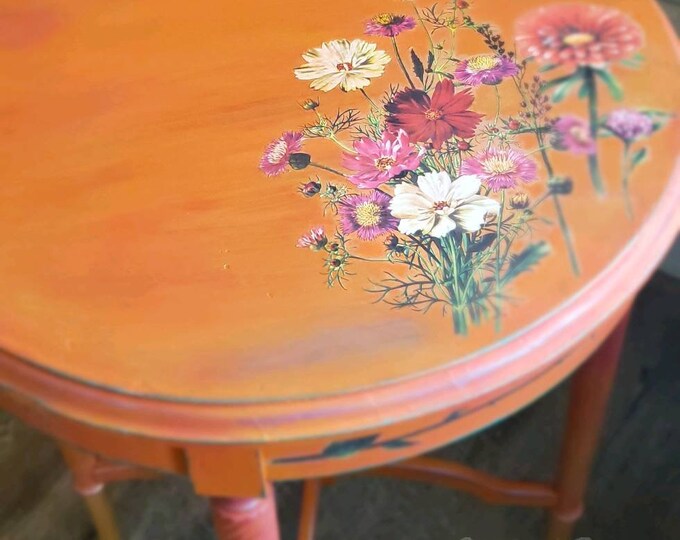 Vintage Antique Orange Floral Transfer Small Round End Table - Etsy