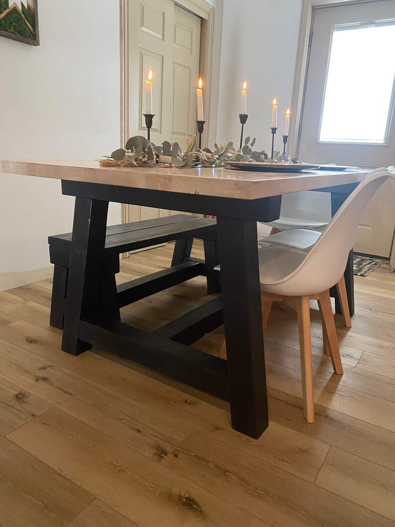 Acacia Butcher Block Farmhouse Table With Black Base and Matching Bench ...