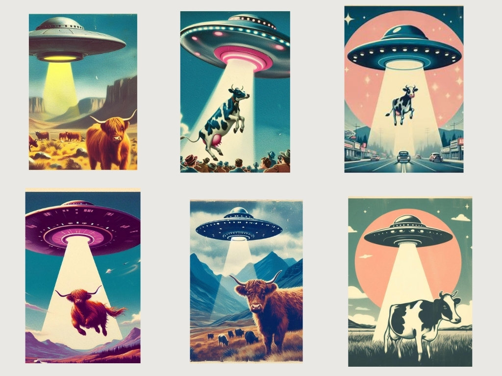 Funny Retro UFO Poster UFO Abduction Art Funny Cow Print Alien Art ...