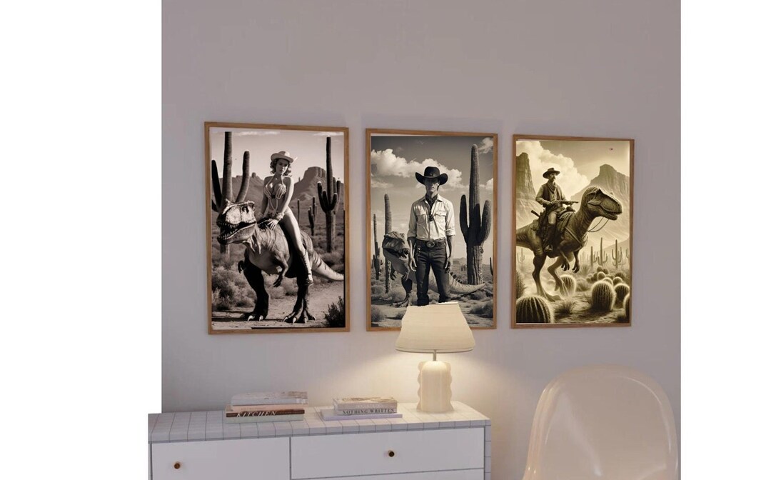 Dinosaur Cowboy 3 SET, Vintage Photography, Art Poster Print, Dark ...
