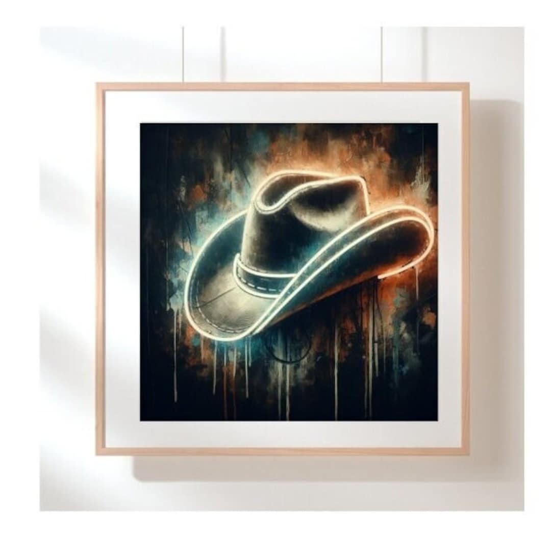 NEW Neon Cowboy Hat Digital Art Print, Country Western Wall Art, Retro ...