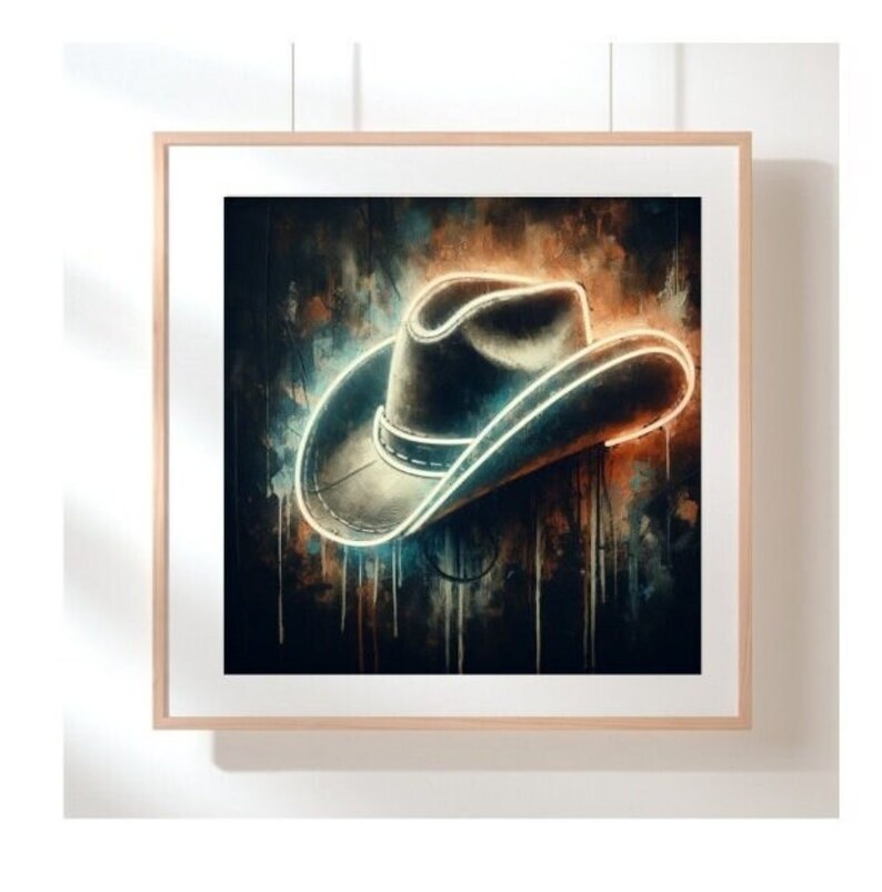 NEW Neon Cowboy Hat Digital Art Print, Country Western Wall Art, Retro ...