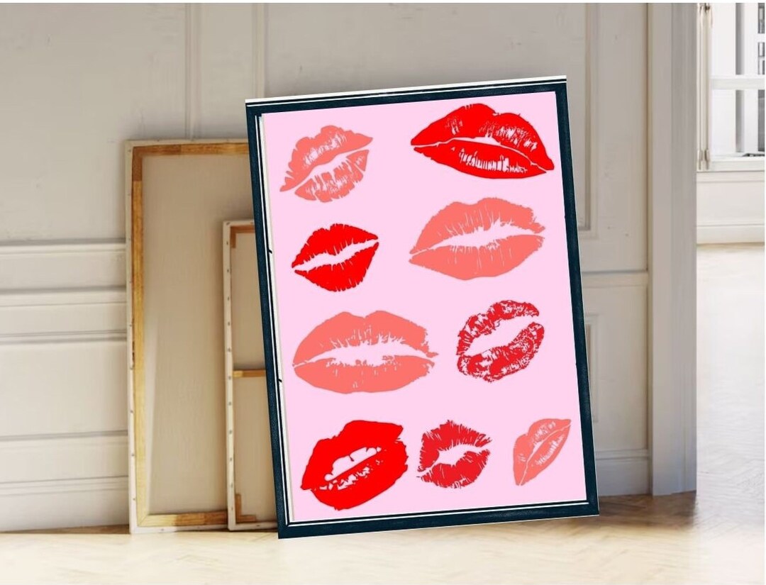 Kiss Lips Wall Art, Pink Lips Print, Trendy Digital Prints, Preppy Dorm ...
