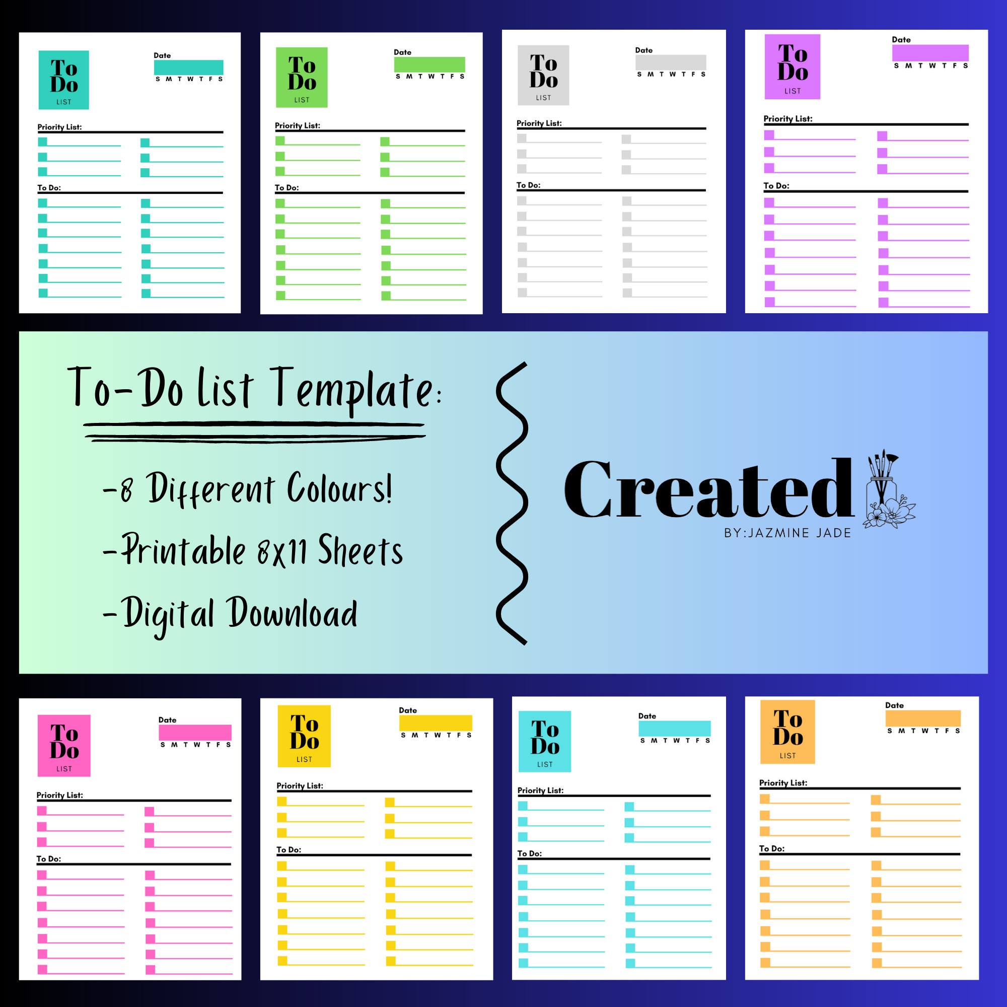 Printable to Do List, Organize Your Lists, 8 Colours to Choose From ...