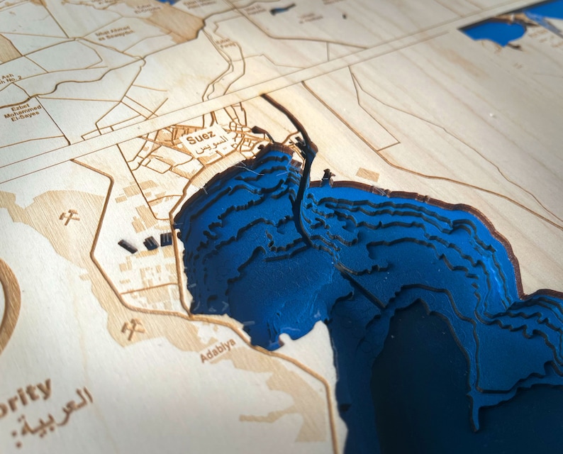 Suez Canal Map 16"x 32", 3D Bathymetry-topographic / Wood Sea Ocean ...