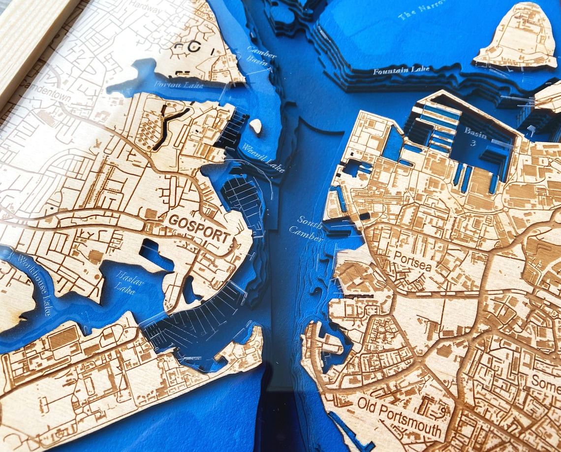 Portsmouth - 50 Cm / 19,6", 3D Bathymetry-topographic / Wood Ocean Art ...