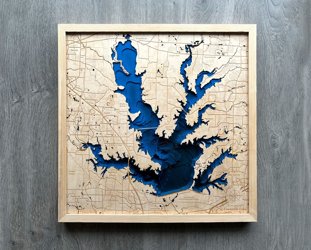 Lewisville Lake 3D Illustration Wooden Map - Texas Bathymetry ...
