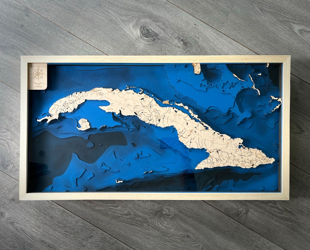 Cuba Island 3D Wooden Map - Havana Engraved Bathymetry Topographic Sea ...