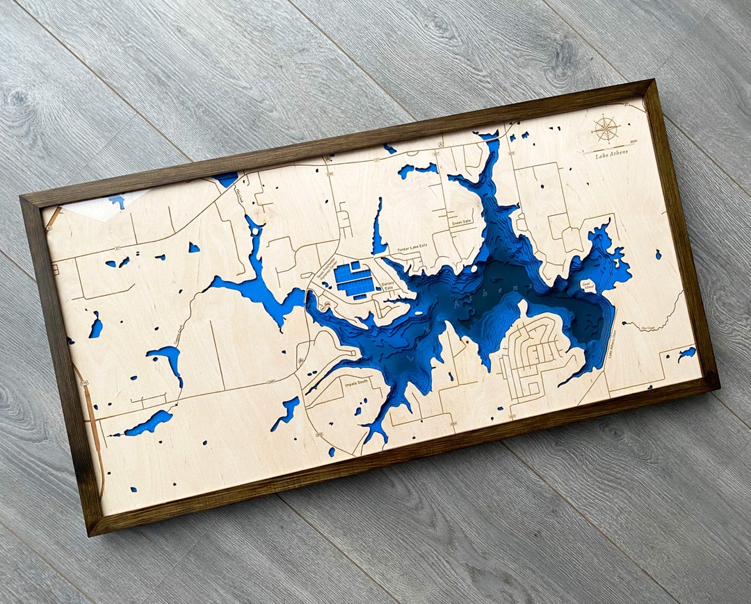 Lake Athens 3D Illustration Wooden Map - Texas Bathymetry Topographic ...