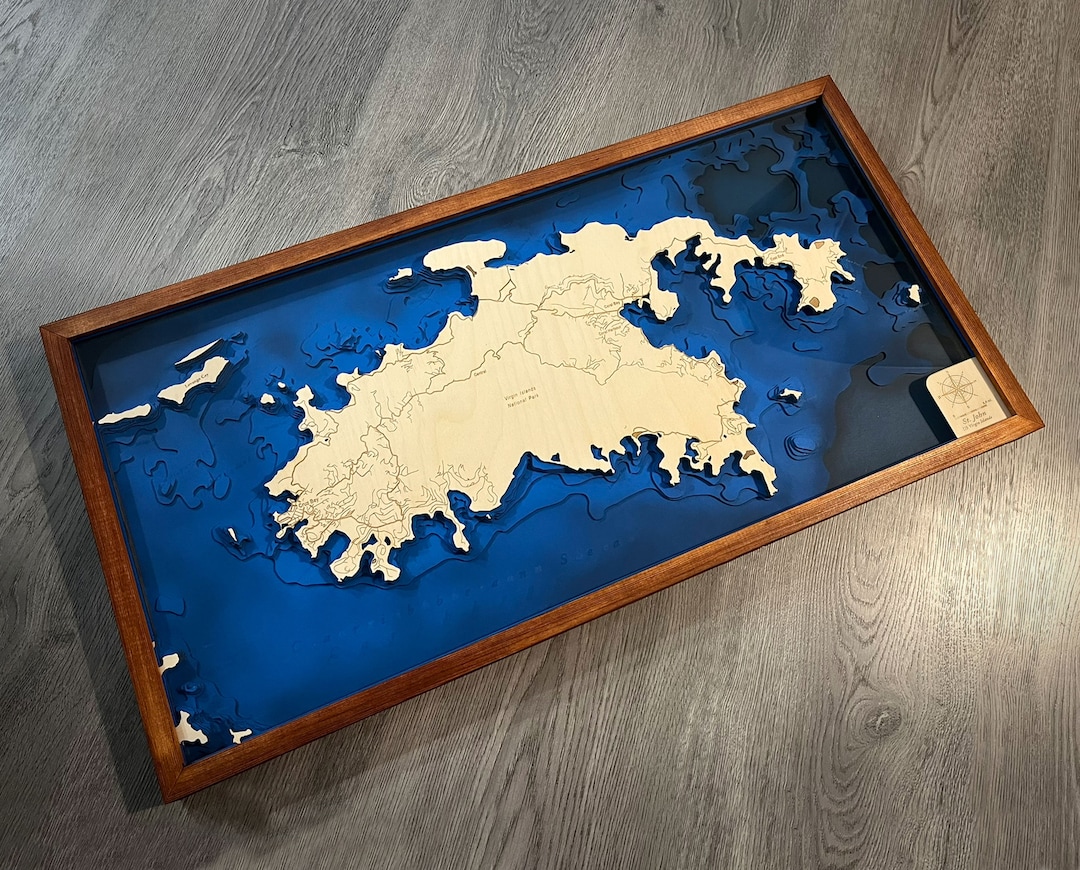 Saint John Virgin Island (USVI) Wooden Map - Engraved Bathymetry ...